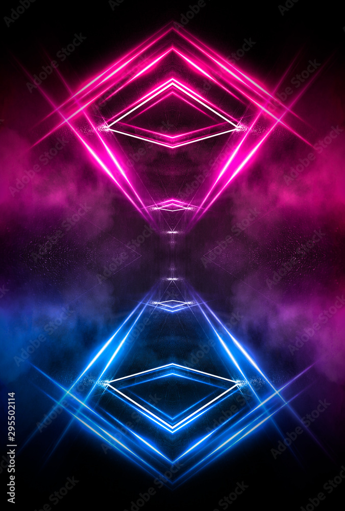 Abstract dark neon background. Neon geometric shapes, rays and lines ...