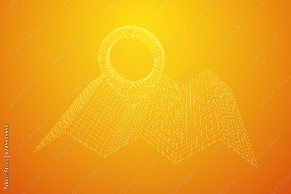 Geo map pin with folding map. Place symbol GPS pictogram. Wireframe low ...