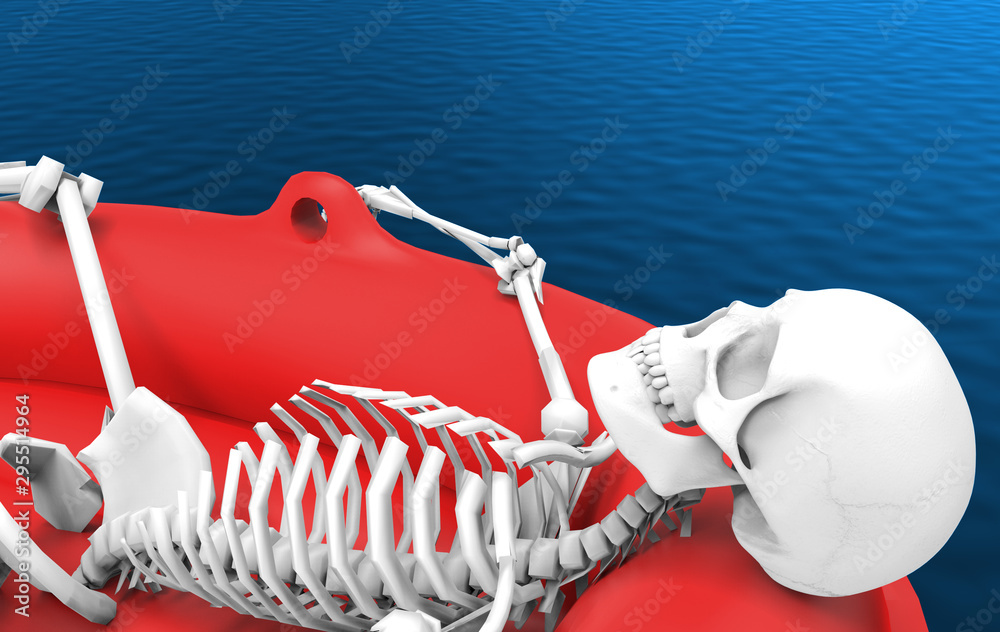3d rendering. A human skeleton bone lying on red life rescue boat alone ...