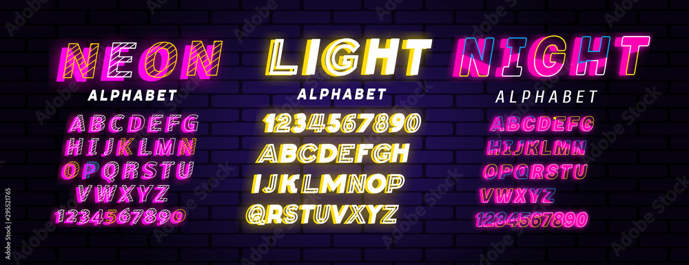 Three decorative neon alphabet set designs in bright glowing colors in ...