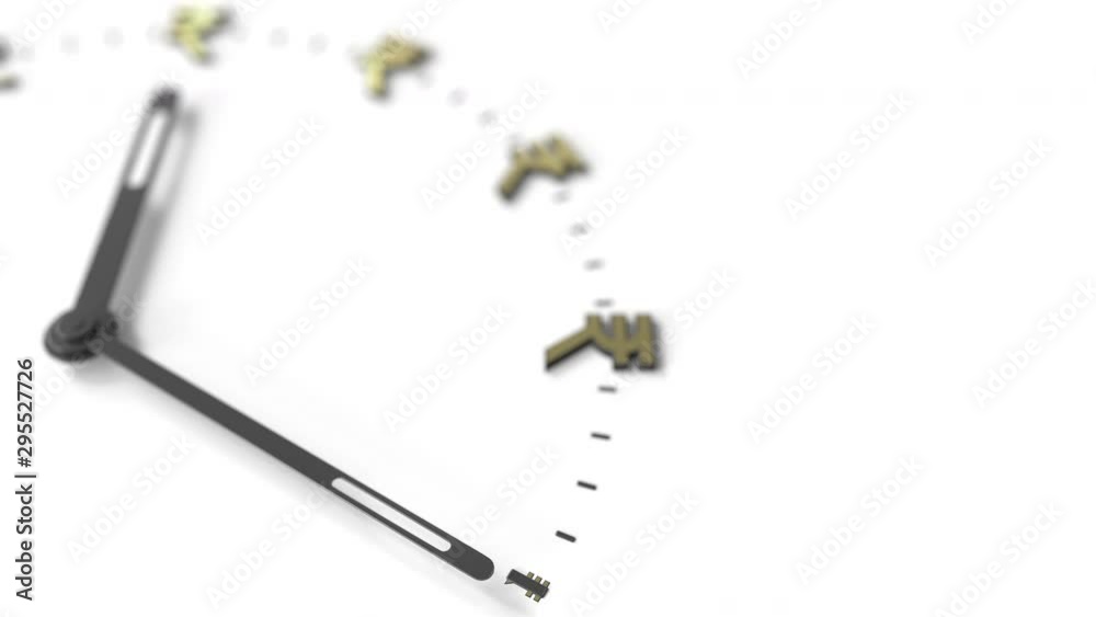 Hand pointing at Indian rupee symbols on white clock face. Investment ...