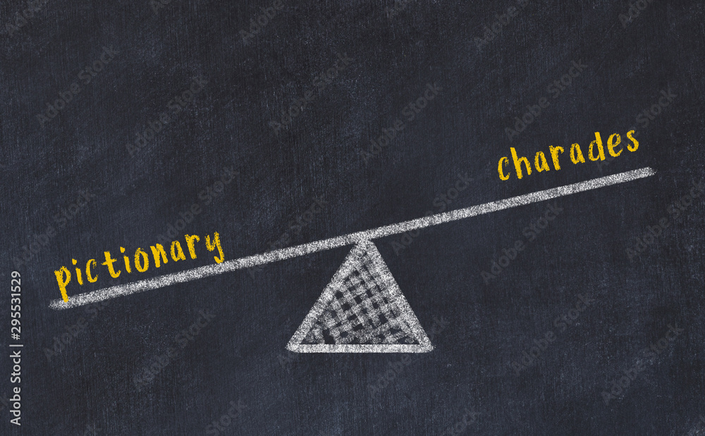 Chalk board sketch of scales. Concept of balance between pictionary and ...