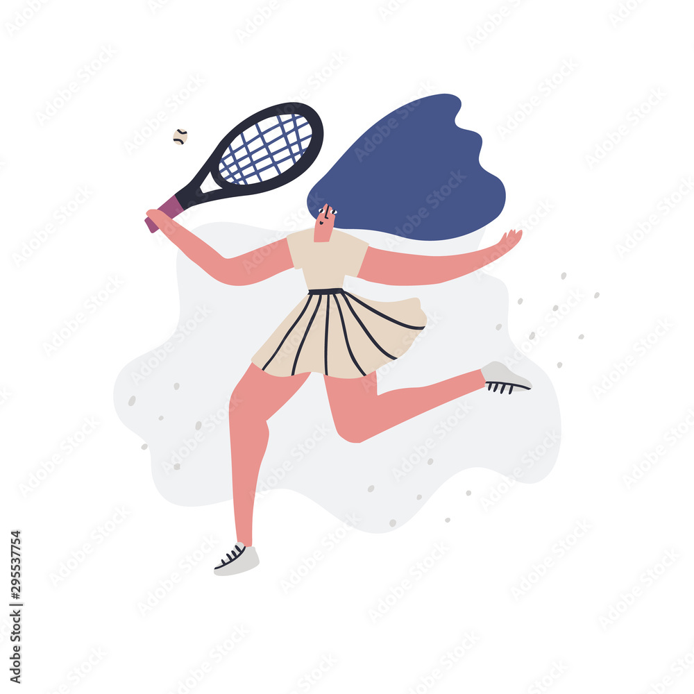 Tennis player practicing flat hand drawn illustration. Athlete hitting ...