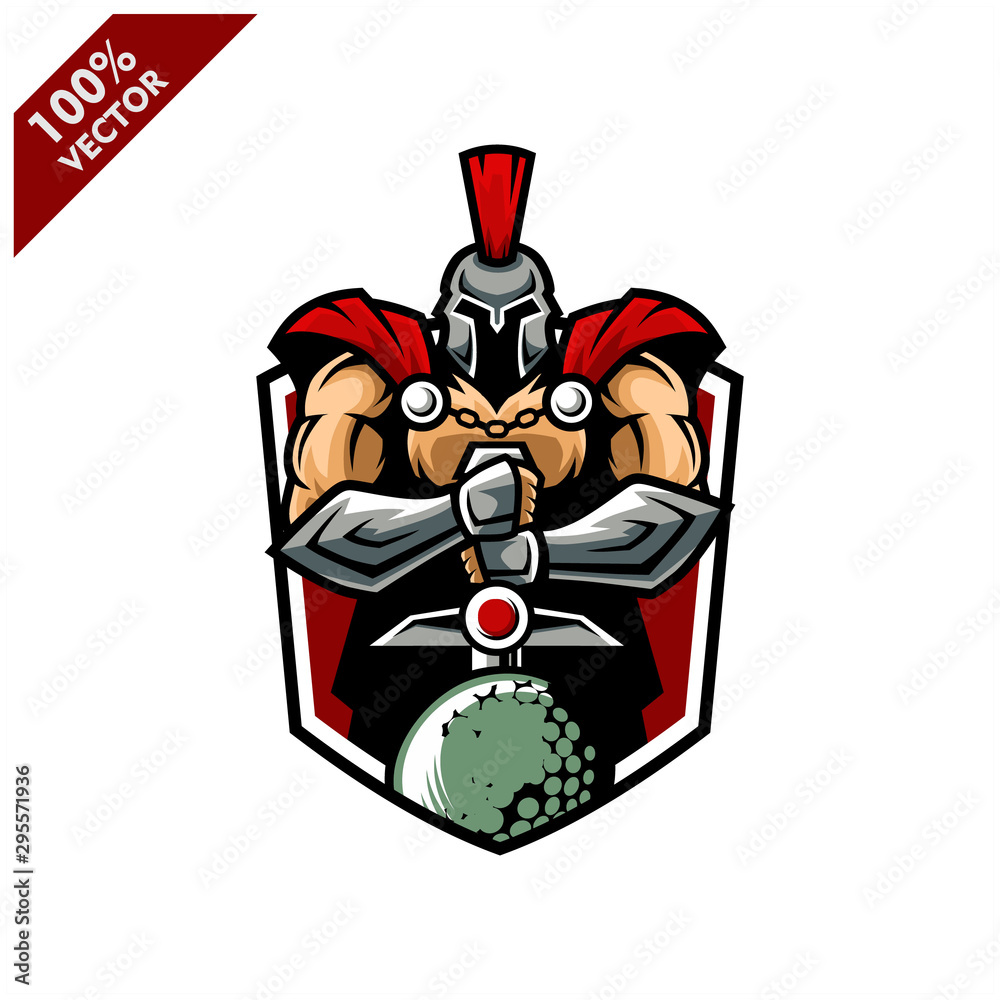Vector sport logo, Spartan illustration and golf on shield background ...