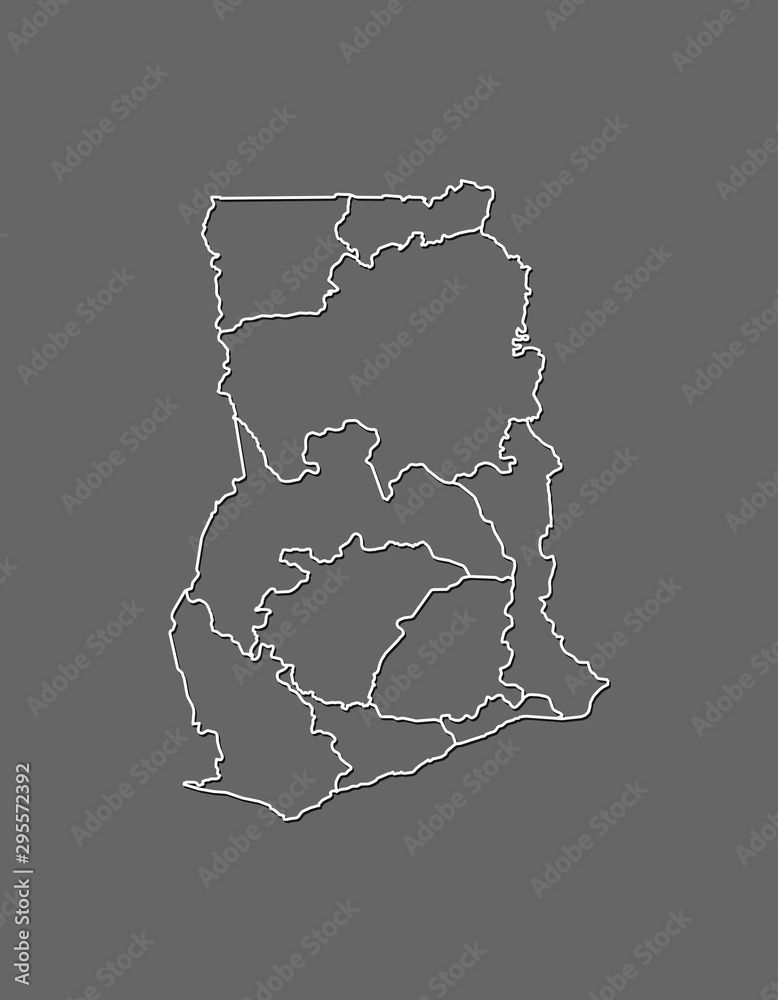 Ghana vector map with border lines of regions using gray color on dark ...