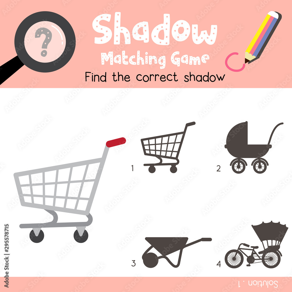 Shadow matching game Shopping Cart cartoon character side view vector ...