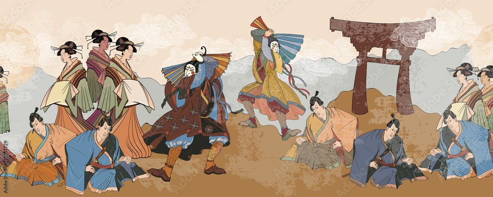 Vecteur Stock Japanese horizontal seamless pattern. Kabuki actors ...