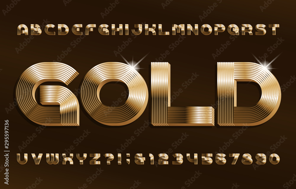 3D Gold alphabet font. Shiny golden letters and numbers in 70s style ...