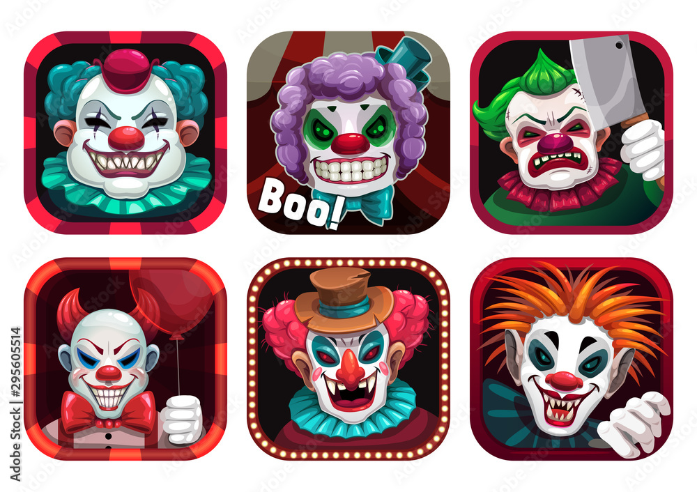 Creepy clown app icons set. Vector GUI assets. Stock Vector | Adobe Stock