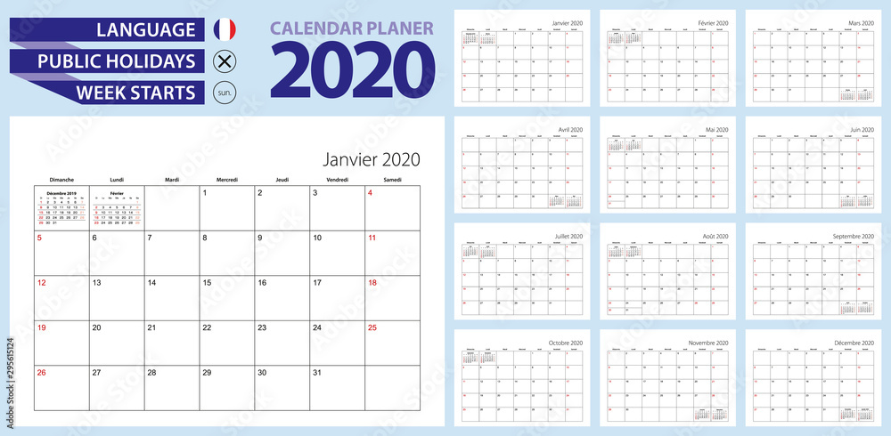 French calendar planner for 2020. French language, week starts from ...