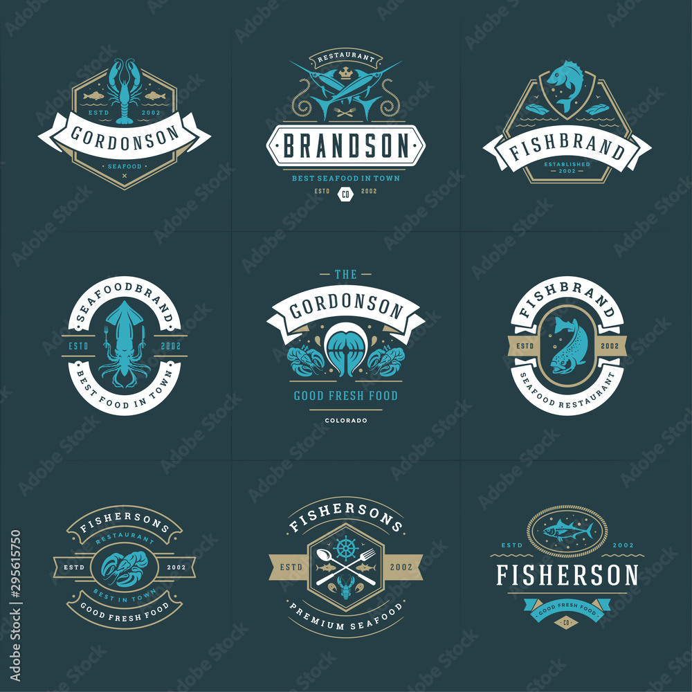 Seafood logos or signs set vector illustration fish market and ...