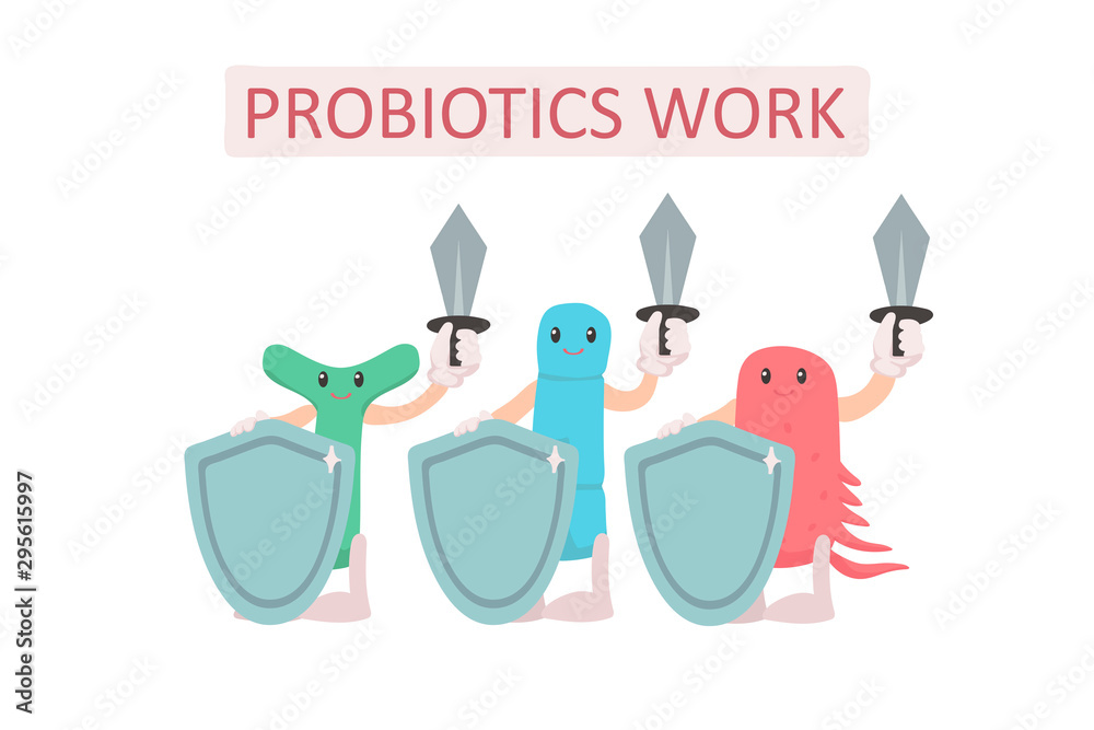 Group of probiotics with shields and swords. Digestion protection ...
