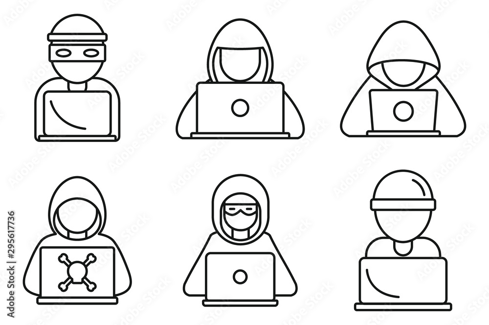 Cyber hacker icons set. Outline set of cyber hacker vector icons for ...