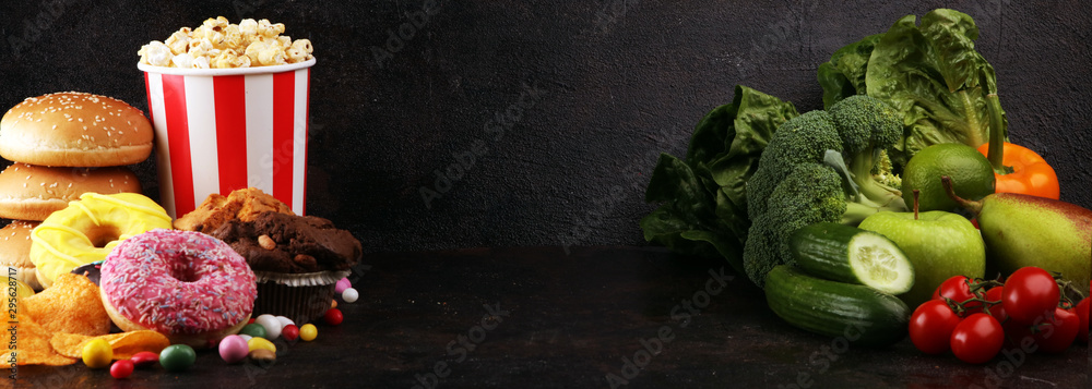healthy or unhealthy food. Concept photo of healthy and unhealthy food ...
