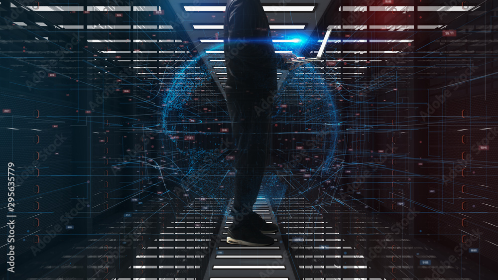 cyber warfare concept.Image of hacker man in mainframe server data ...