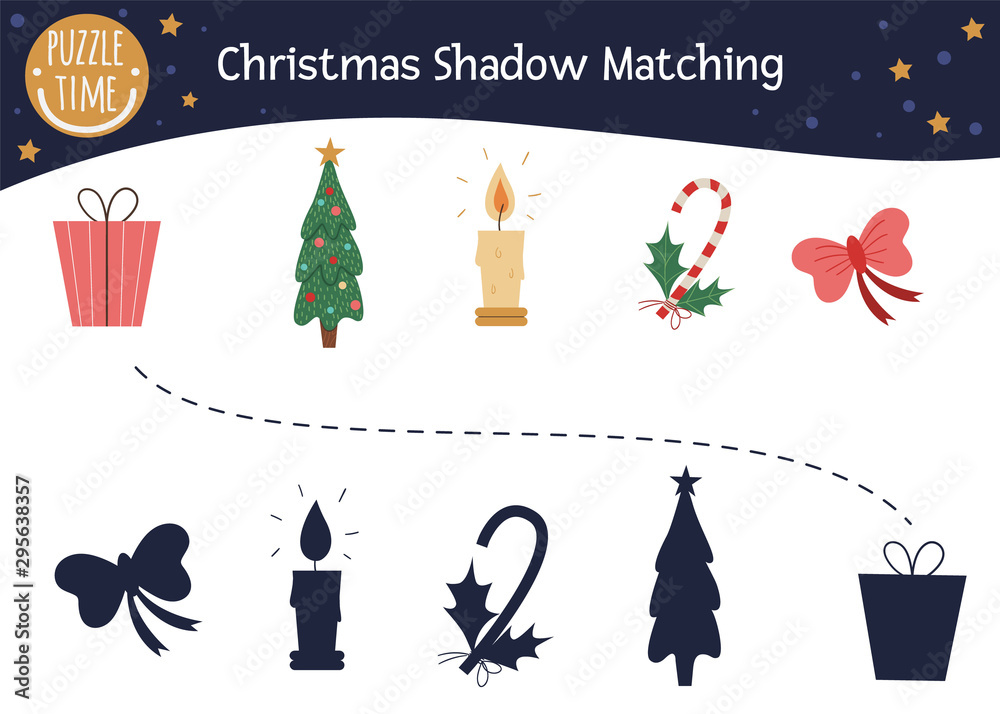 Christmas shadow matching activity for children. Cute funny present ...
