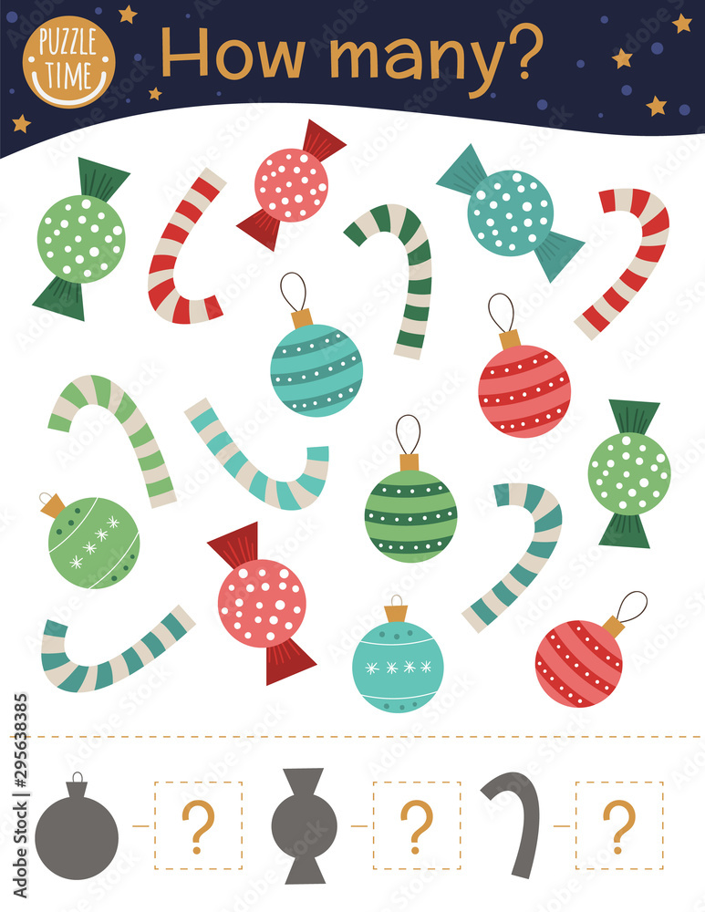 Christmas counting game with balls, candy canes, sweets. Winter math ...