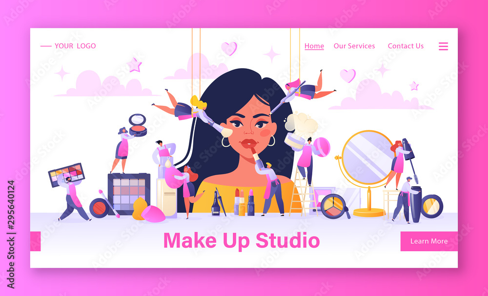 Concept of landing page on beauty salon, service industry, makeup ...