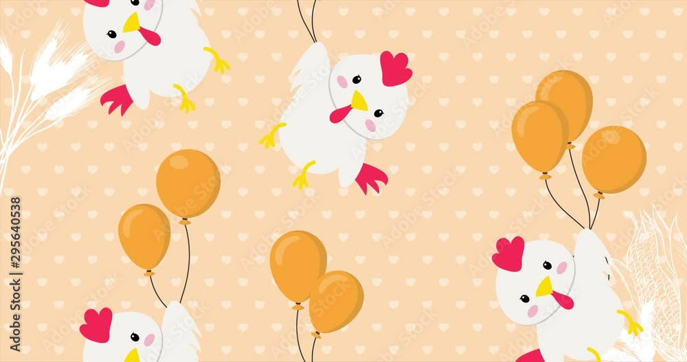 Cute chicken flying in the sky between colorful balloons, animation ...