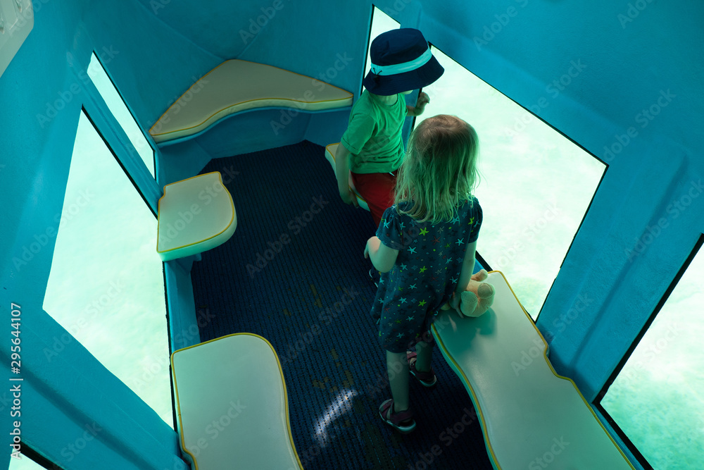 3 and 5 years old kids looking through the window of a glass bottom ...