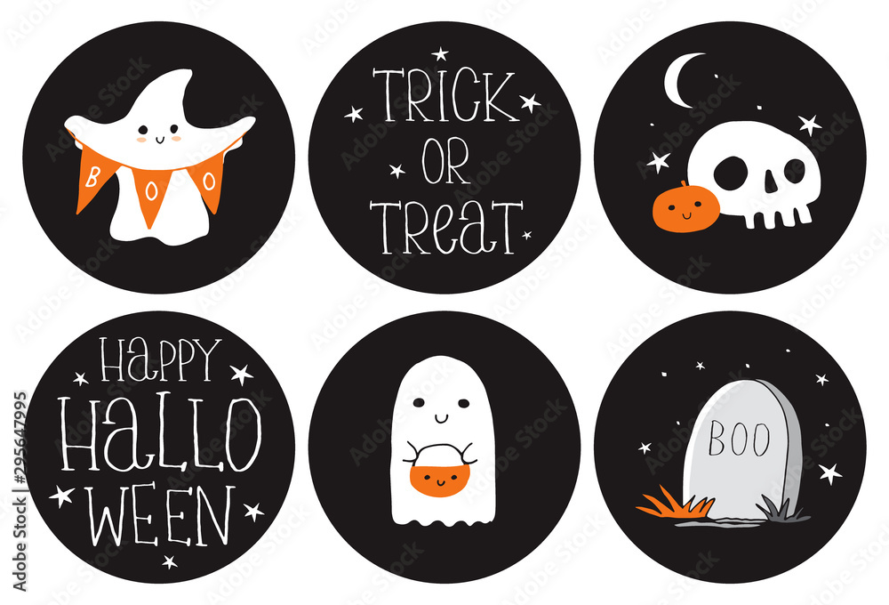 Cute Hand Drawn Halloween Round Shape Stickers. Little White Ghosts on ...