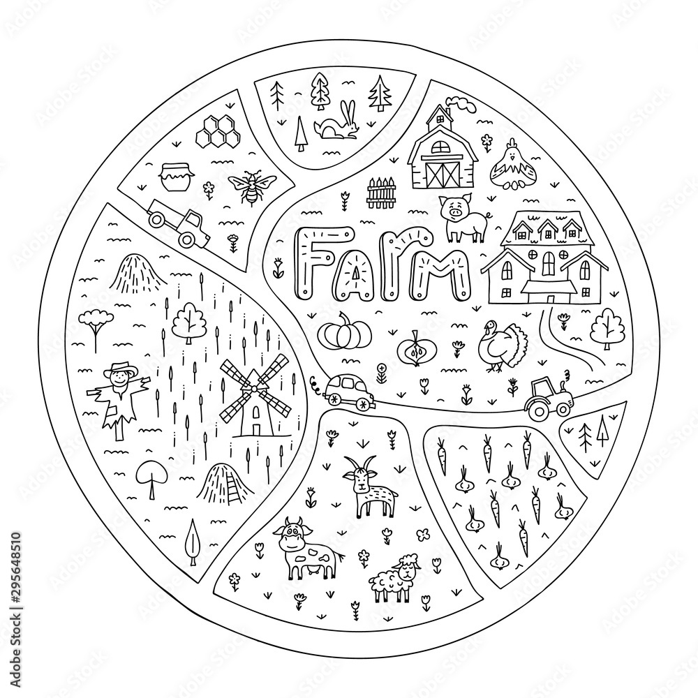 Hand-drawn cartoon farm map. Abstract plan of a village with lettering ...