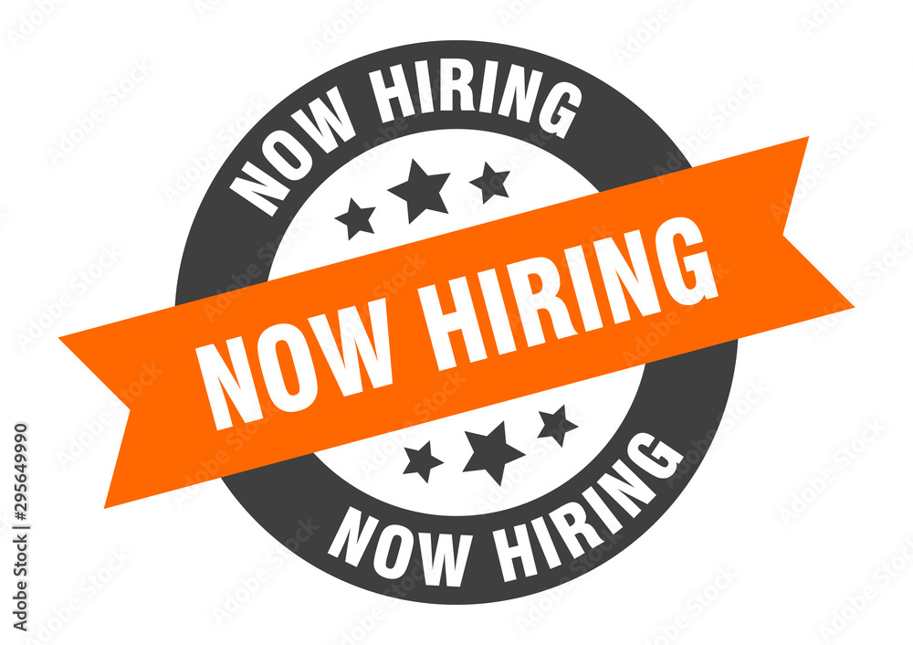 now hiring sign. now hiring orange-black round ribbon sticker Stock ...