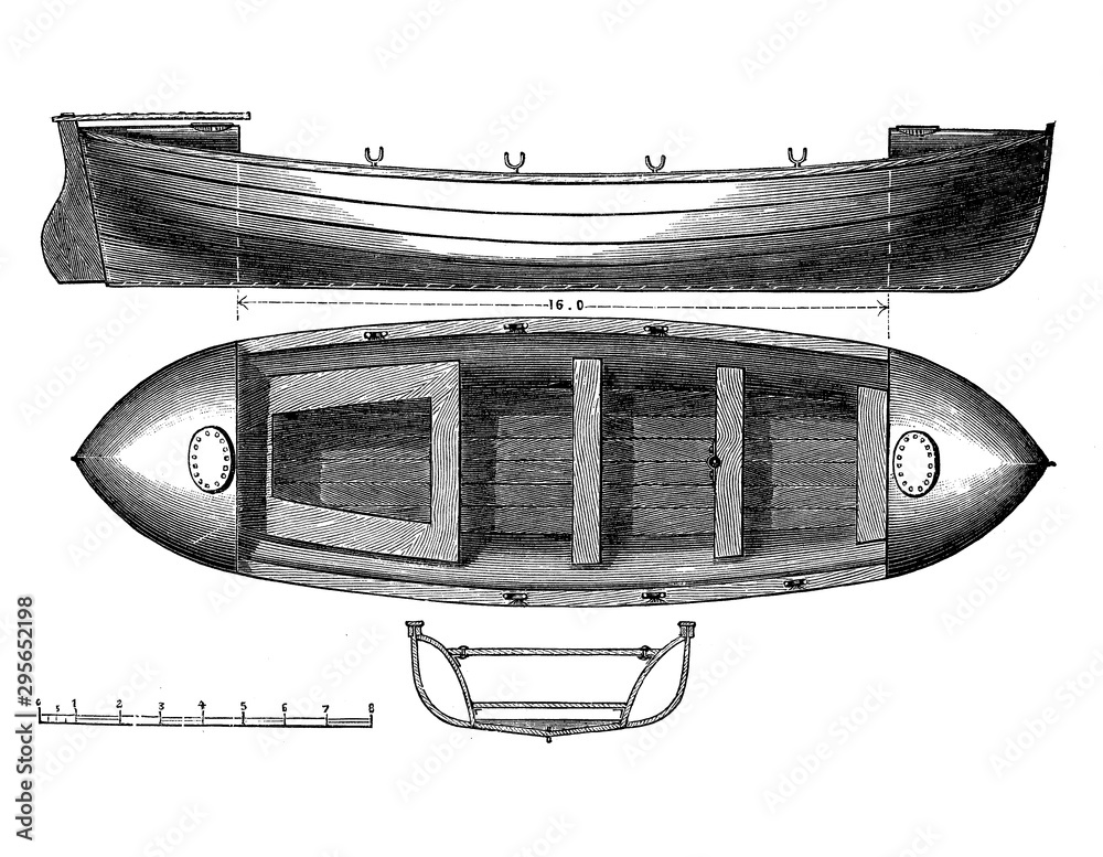 Plan of a life-raft boat with thwarts placed crosswise to give strength ...