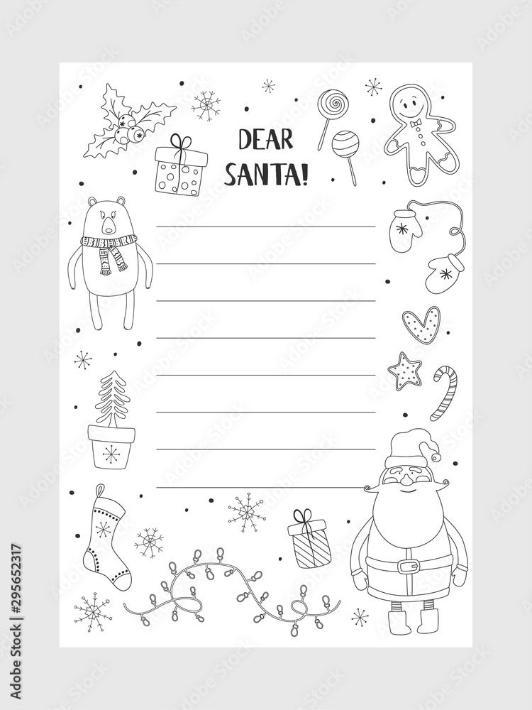 Cartoon Christmas wish christmas items. Coloring page. A letter to ...