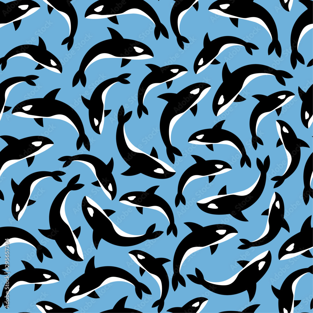 Vector seamless pattern of killer whales orca on a bright blue ...