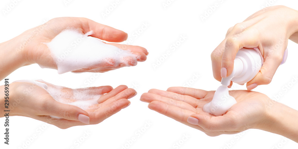 Collage beauty foam in hand on white background isolation Stock Photo ...