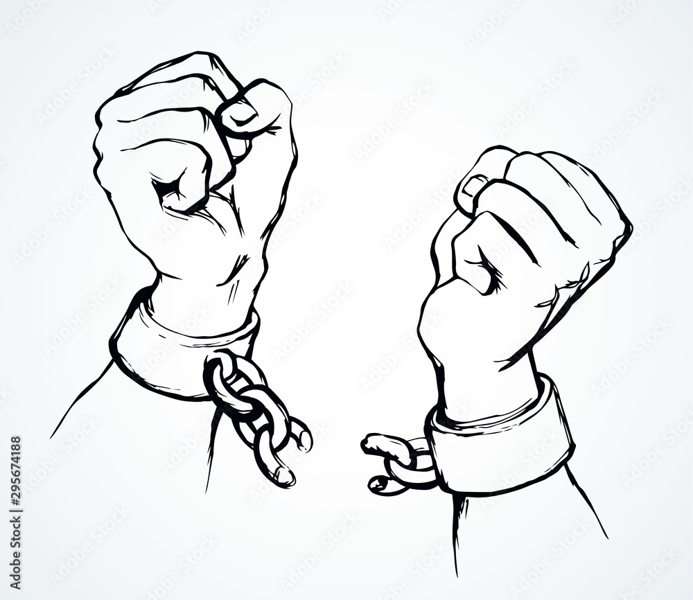 Hands tearing shackles. Vector drawing Stock Vector | Adobe Stock
