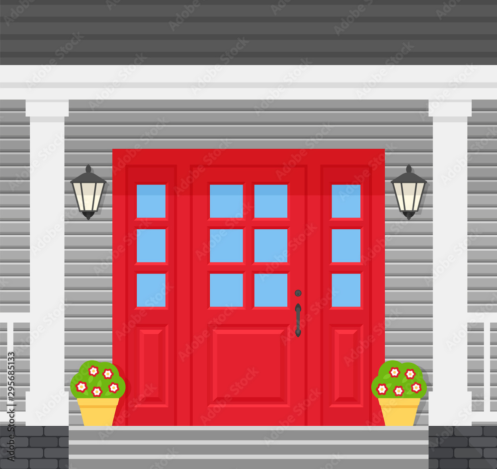 Front door house. Vector. Home porch with red door, lanterns, stairs ...