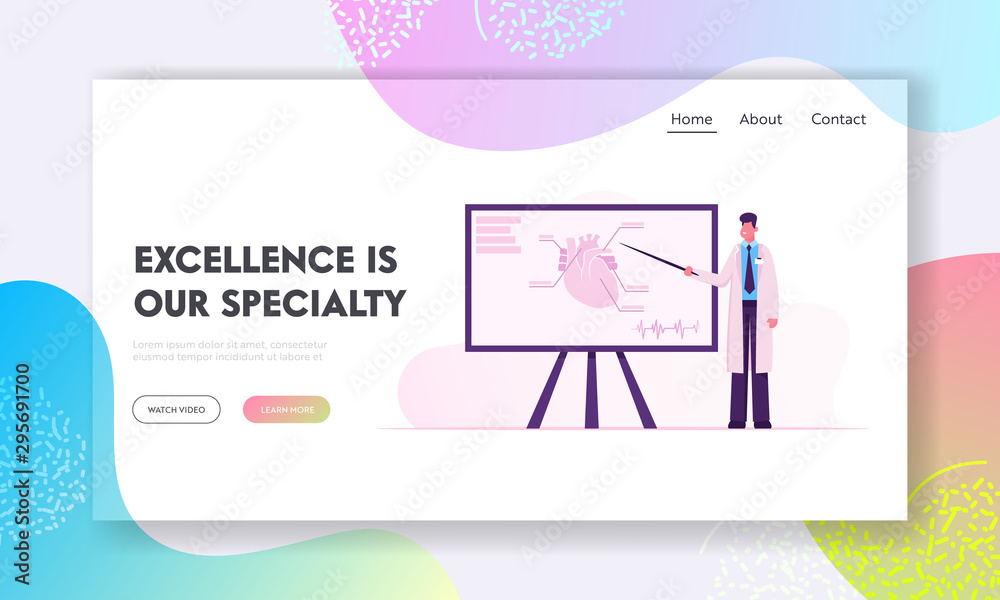 Cardiology Website Landing Page. Doctor Cardiologist Holding Pointer ...