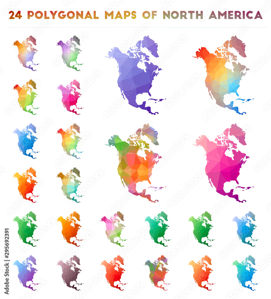 Set of vector polygonal maps of North America. Bright gradient map of ...