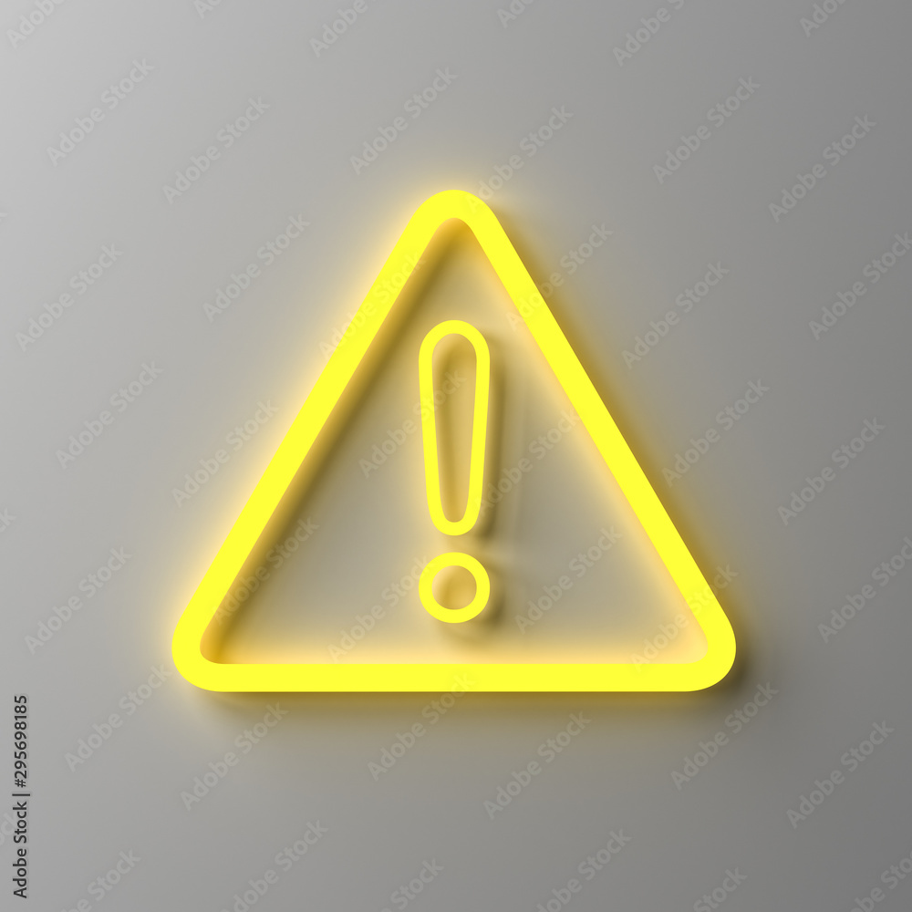 Yellow neon light hazard warning attention sign with exclamation mark ...