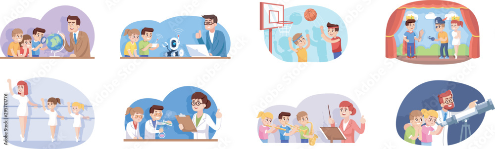 After school flat vector illustrations set. Interest classes for ...