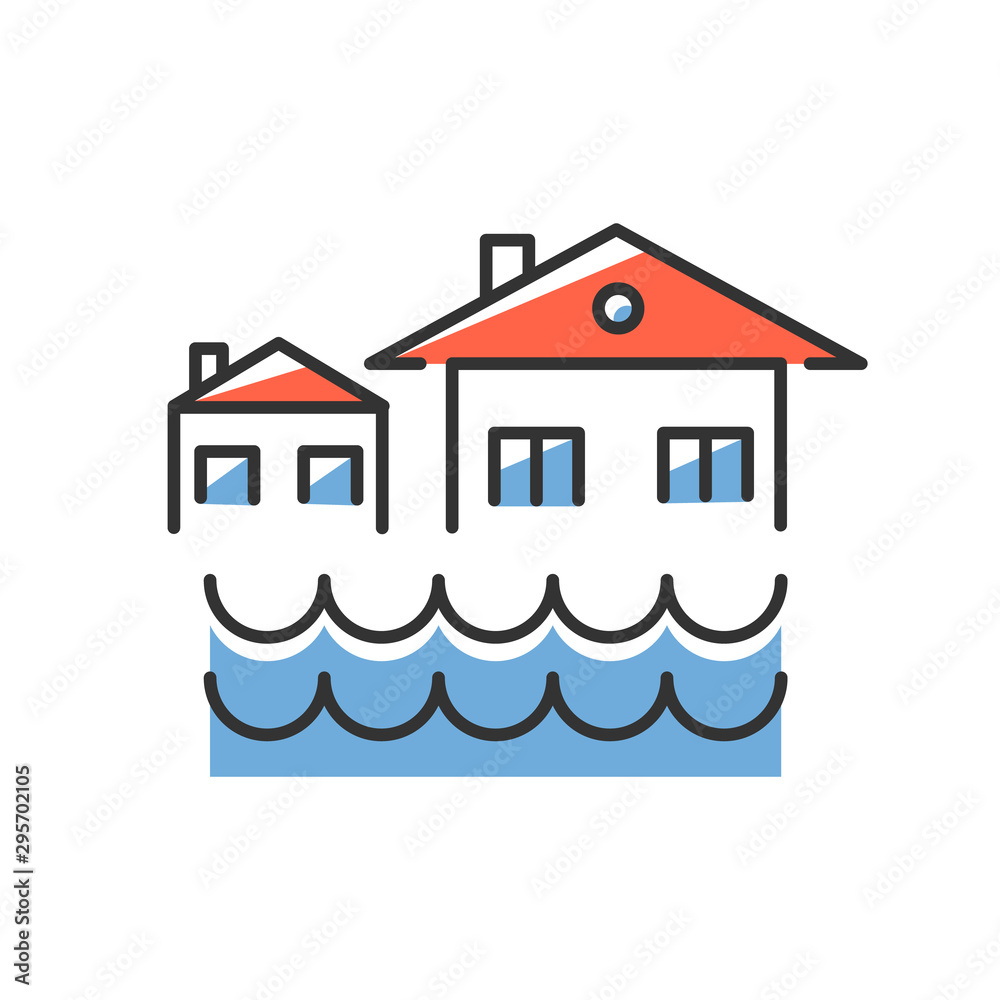 Flood Blue Color Icon Sinking Settlement Submerged Houses Flooding