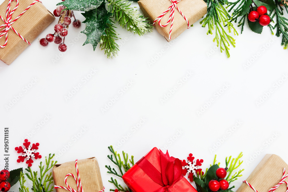 Christmas background, mock up with gift boxes and winter decoration ...