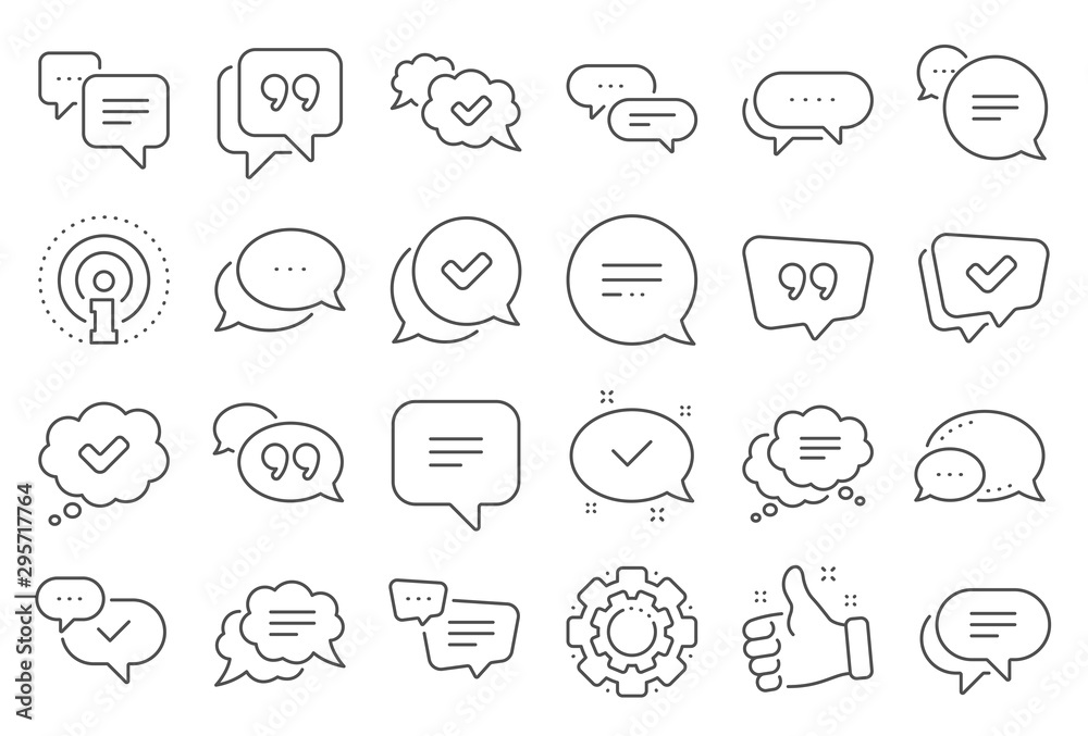 Chat and quote line icons. Approved, Checkmark box and Social media message. Chat speech bubble ...