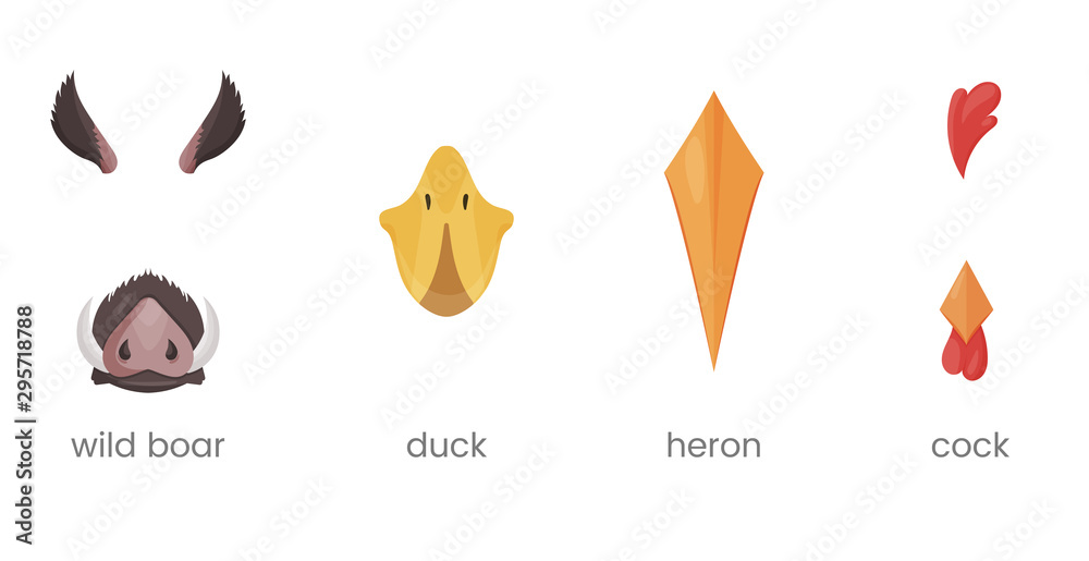 Animal face elements set. Animal ears and nose. Video chart filter ...