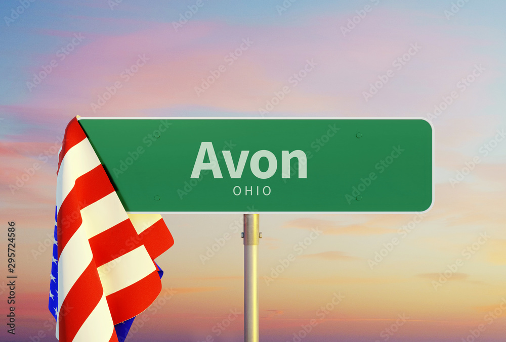 Avon – Ohio. Road or Town Sign. Flag of the united states. Sunset oder ...