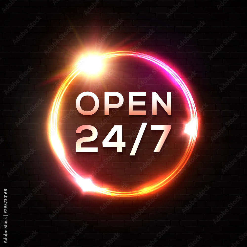 Open 24 7 hours Neon Sign. Retro glowing circle frame. Light round the ...