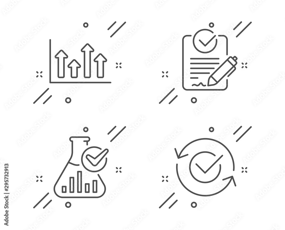 Upper arrows, Chemistry lab and Rfp line icons set. Approved sign ...