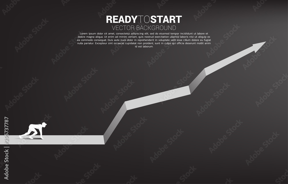 Silhouette of businessman ready to run from start line on growing graph ...