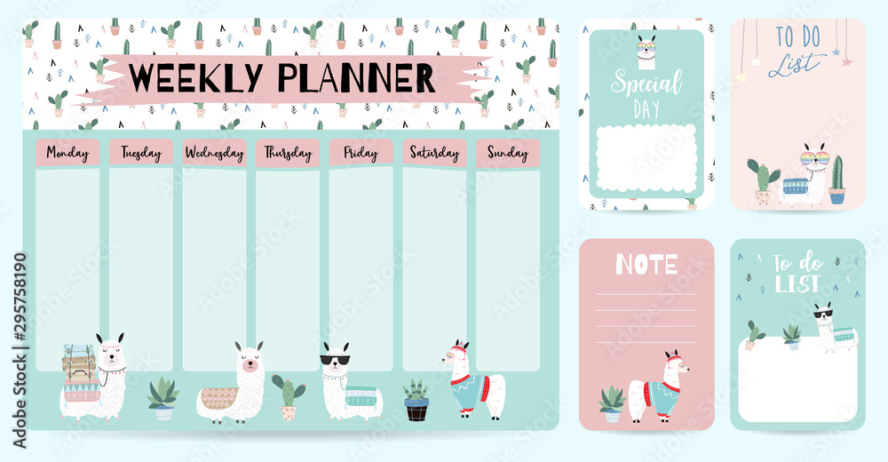 cute weekly planner background with llama,cactus.Vector illustration ...