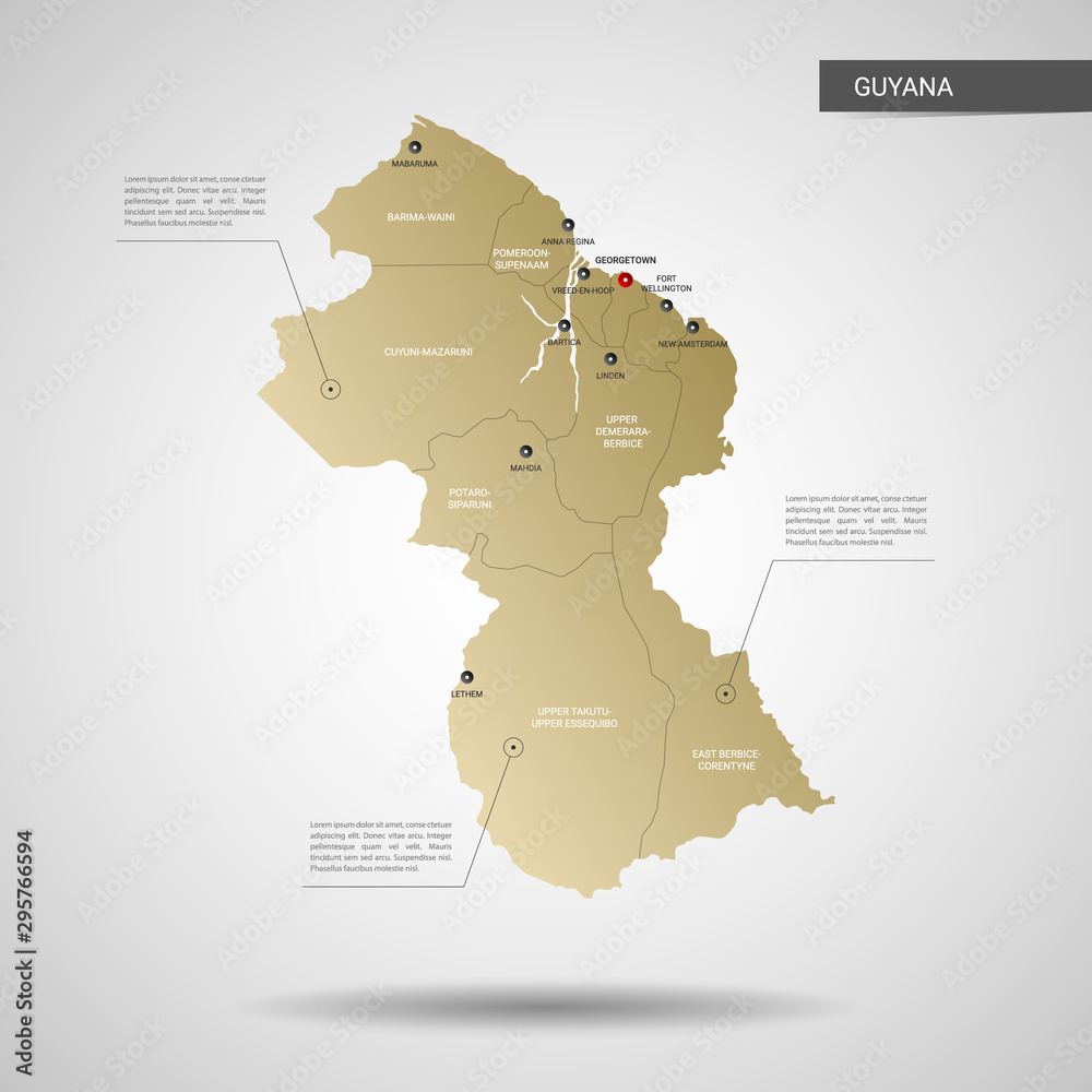 Stylized vector Guyana map. Infographic 3d gold map illustration with cities, borders, capital ...