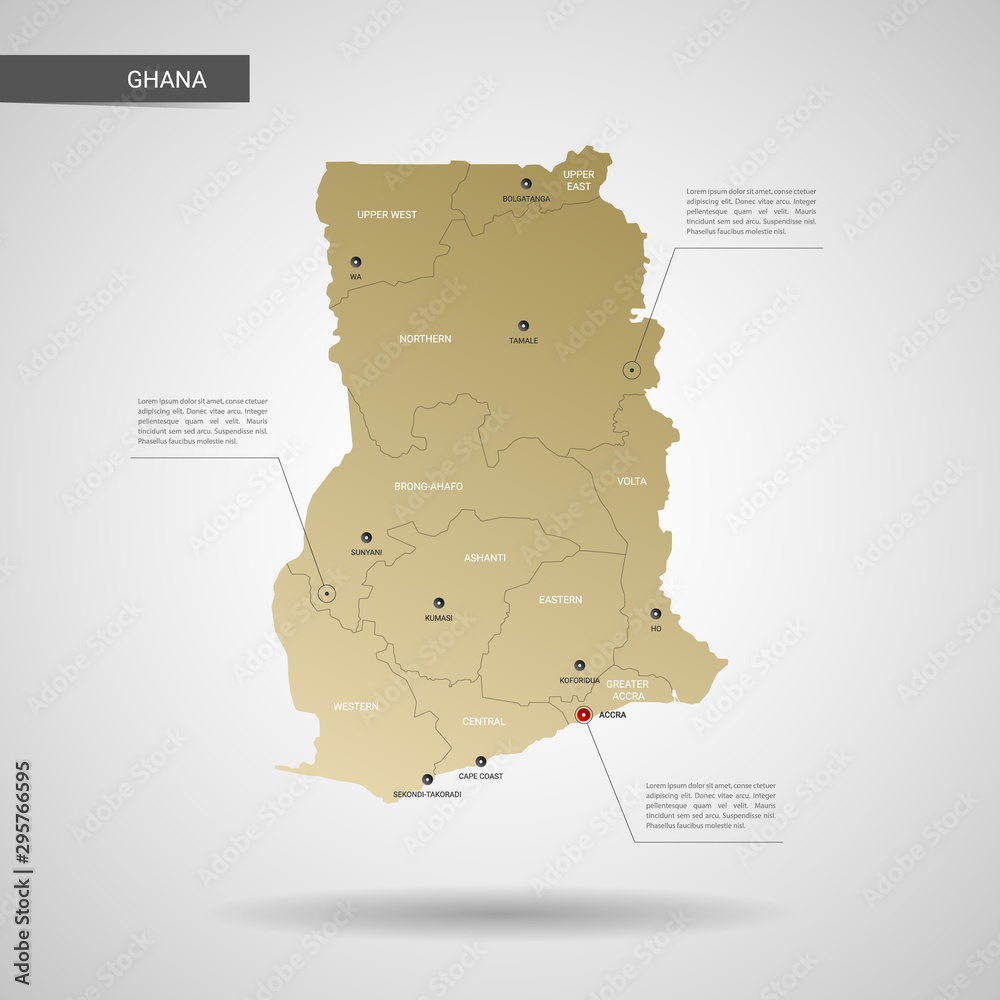 Stylized vector Ghana map. Infographic 3d gold map illustration with ...
