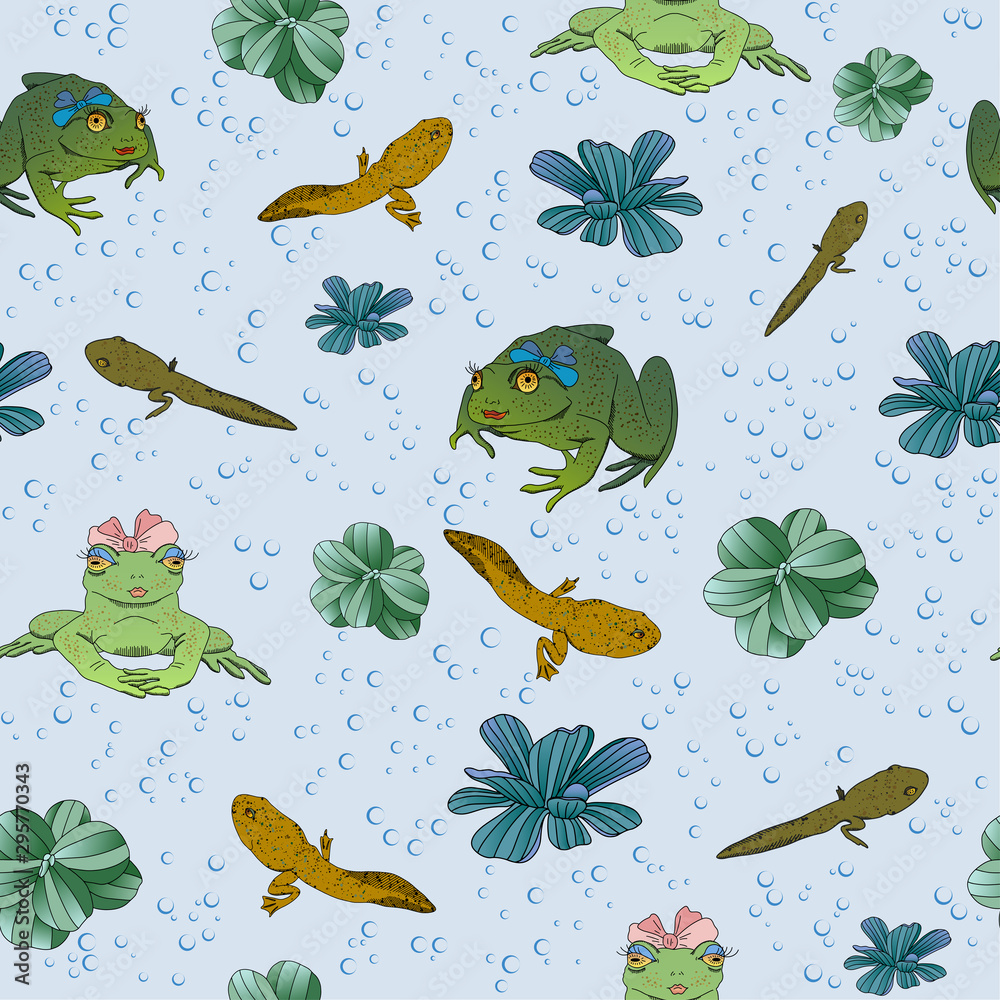 Seamless pattern with tadpoles, frogs, marsh plants and duckweed. Funny ...