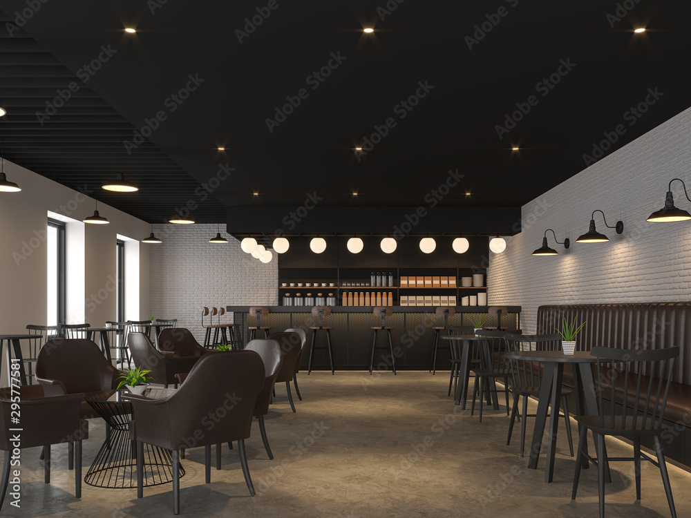 Industrial loft style coffee shop 3d render,There are concrete floors ...